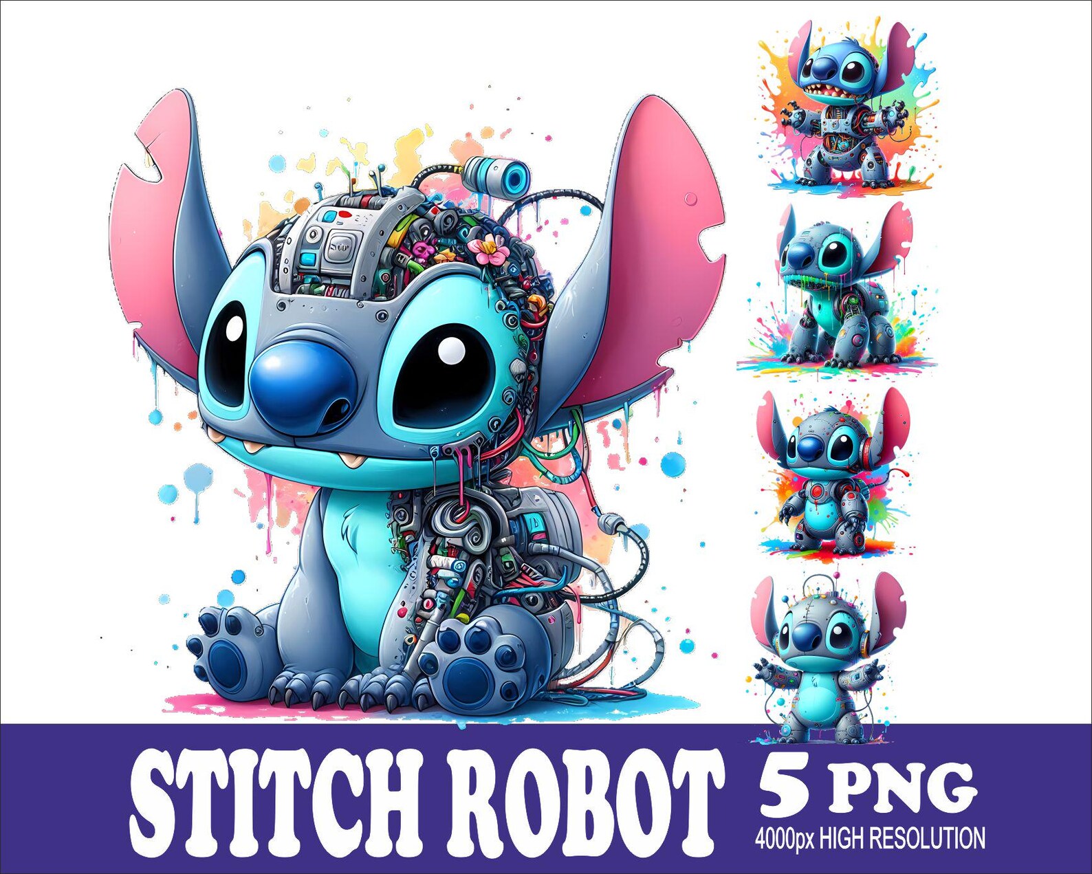 5 PNG Stitch Robot Design Watercolor Tshirt Mug Tumpler Sublimation Png ...