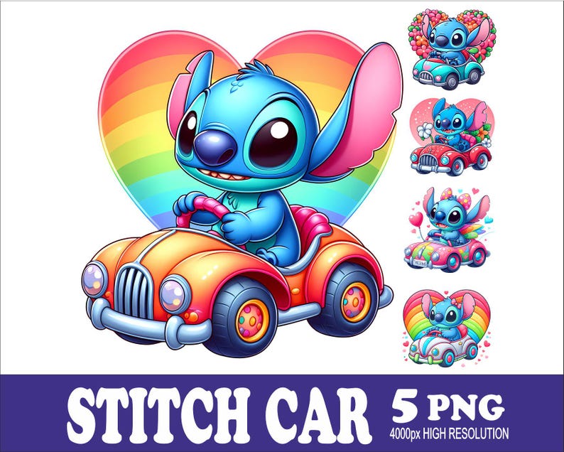 Stitch Car Design Watercolor PNG Set: Sublimation Designs (digital ...