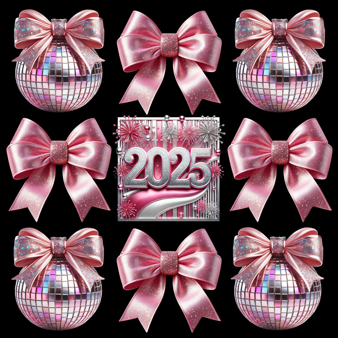 Pink Glitter Disco Ball & Bow Digital Download for 2025 New Year ...