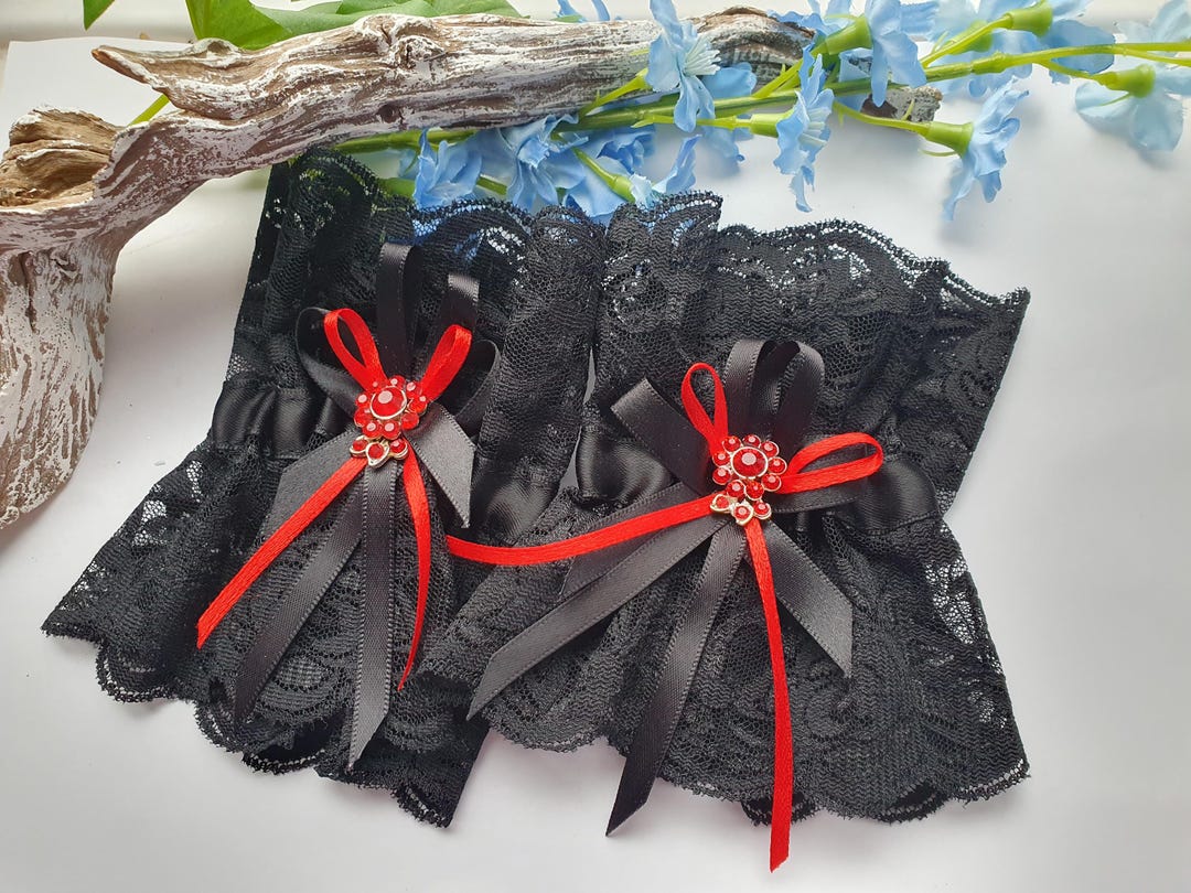 Black Lace Wrist Cuffs Red Satin Bow and End Red Crystal Brooch / Lace ...