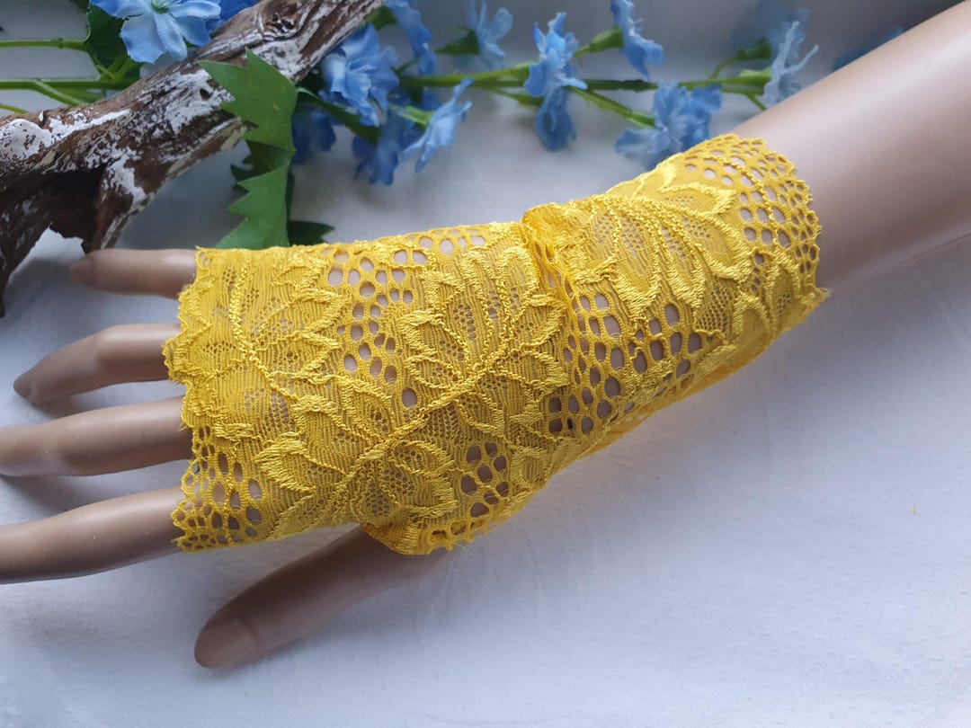 Yellow Stretch Lace Fingerless Gloves / Mittens / Tattoo Cover / Hand ...