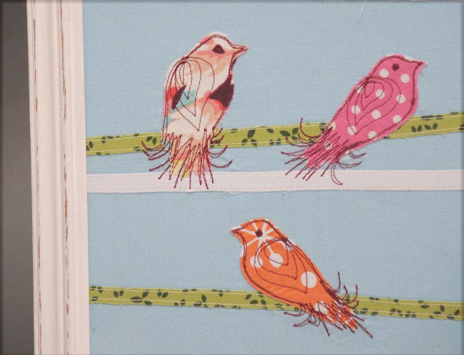 Shabby Chic Birds on a Wire, Fiber Art, Upcycled Distressed Frame ...