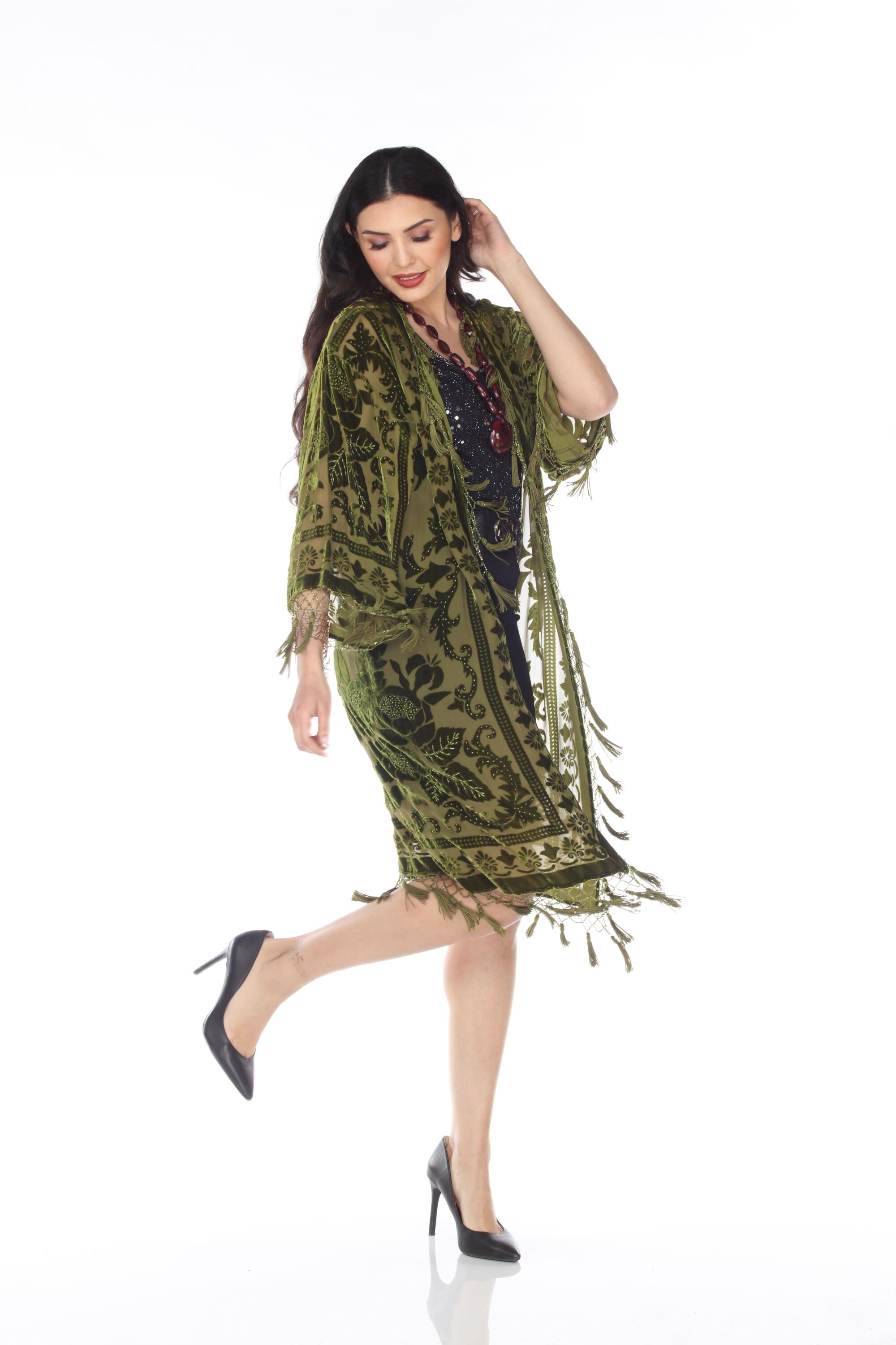 Beaded Floral Velvet Kimono With Fringe - Etsy