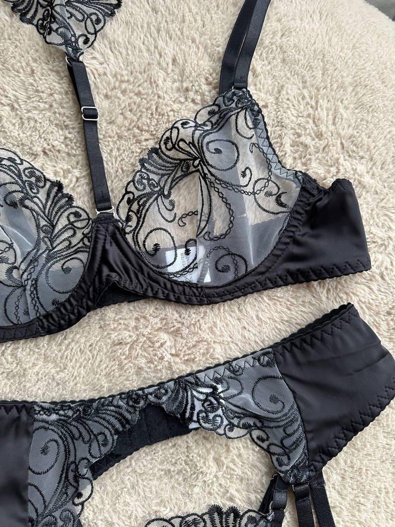 Sultry Sheer Black Lingerie Set With Garters Sexy Lace Underwear Bra ...