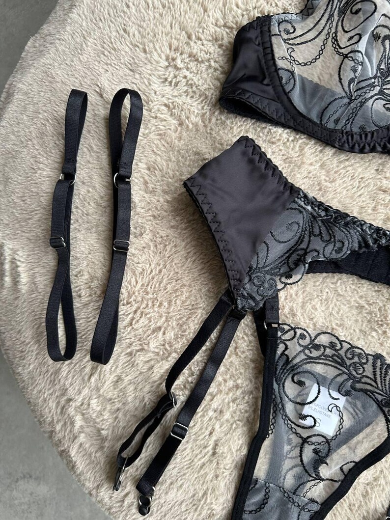 Sultry Sheer Black Lingerie Set With Garters Sexy Lace Underwear Bra ...