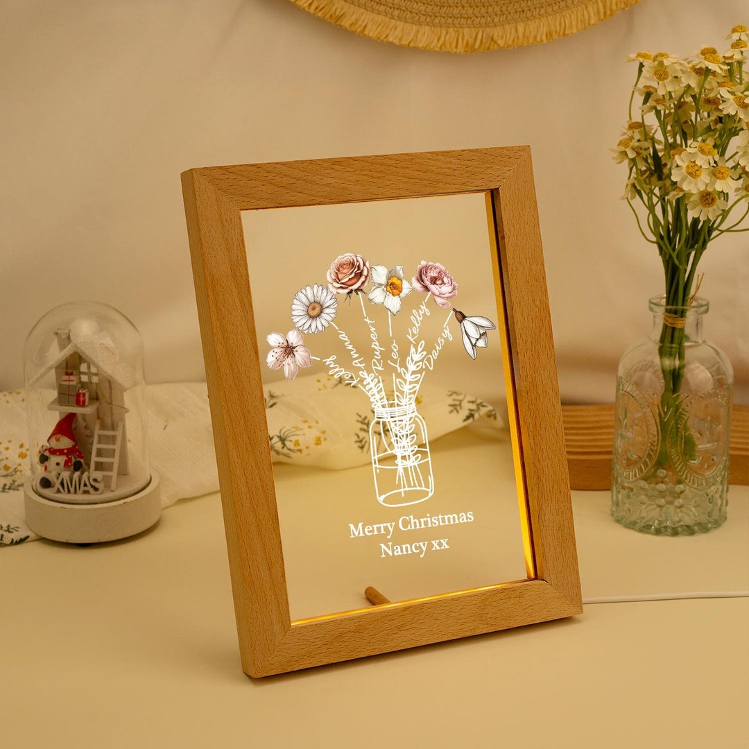 Personalized Wooden Frame Night Light, Night Light With Family Birth ...