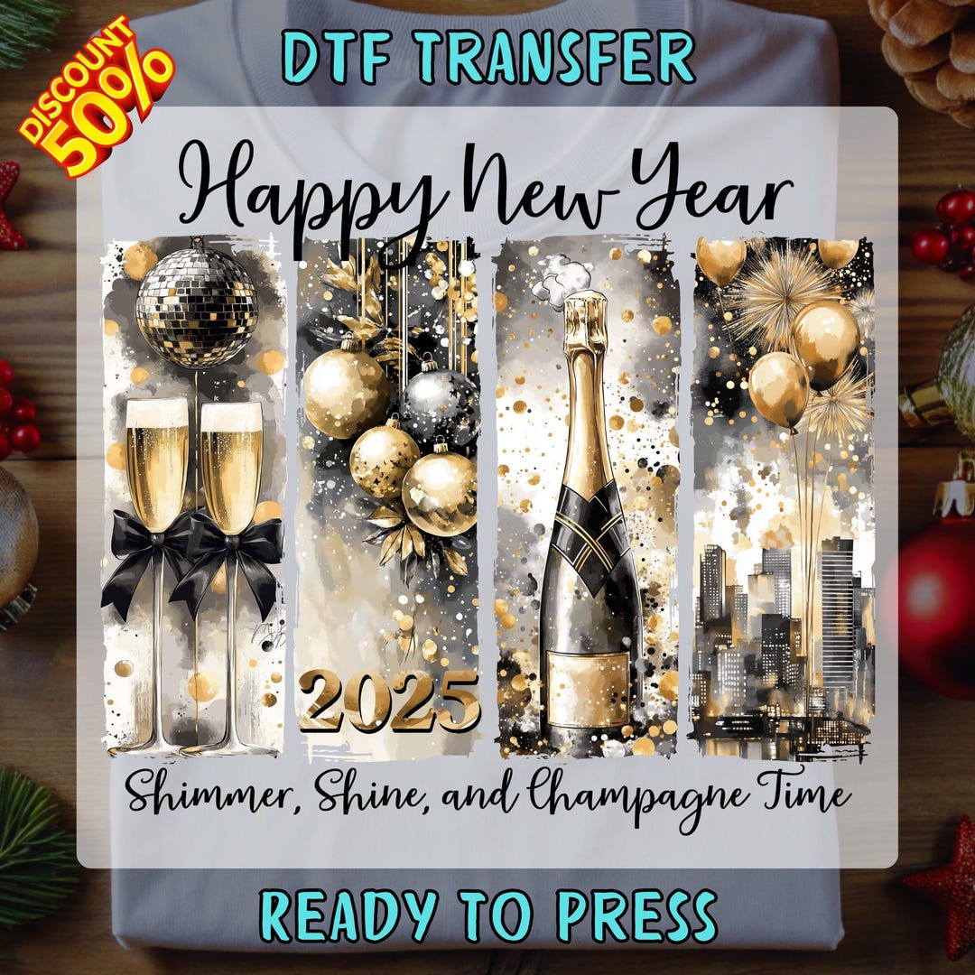 Retro New Year 2025 Dtf, New Years Dtf, Disco Ball Ready to Press, Gold Glitter, Brushstroke Png ...