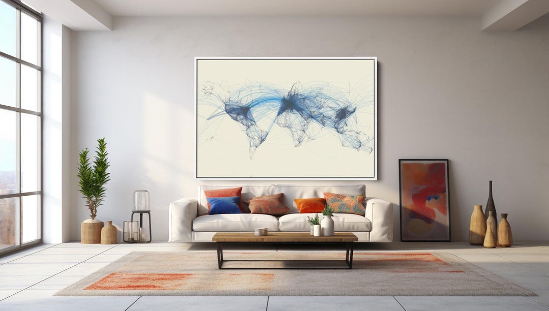 Flight Routes World Map Canvas, Air Traffic Poster, Flight Patterns ...