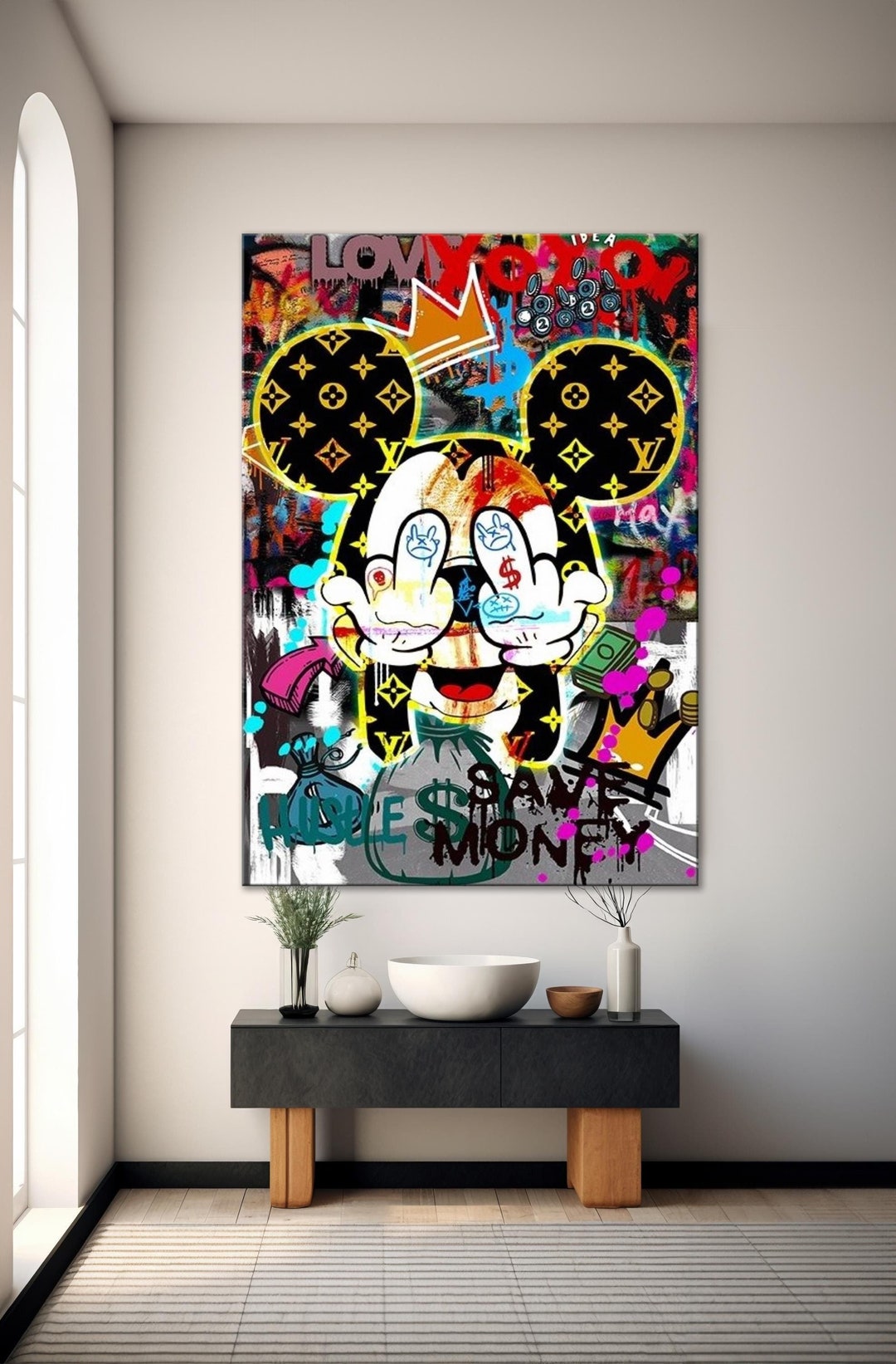 Funny Mickey Middle Finger Canvas, Bold Mickey Graffiti Artwork, Quirky ...