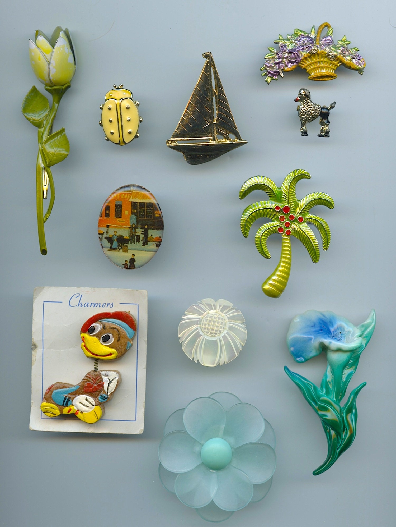 Vintage Brooches Set of 11 Poodle Palm Tree Flower Basket Lady - Etsy