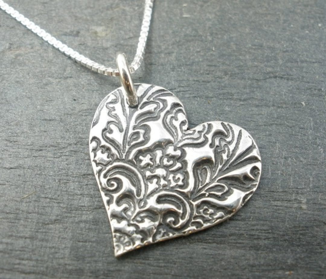Embossed Heart Pure Silver Necklace - Metal Clay Jewelry - Coquette ...