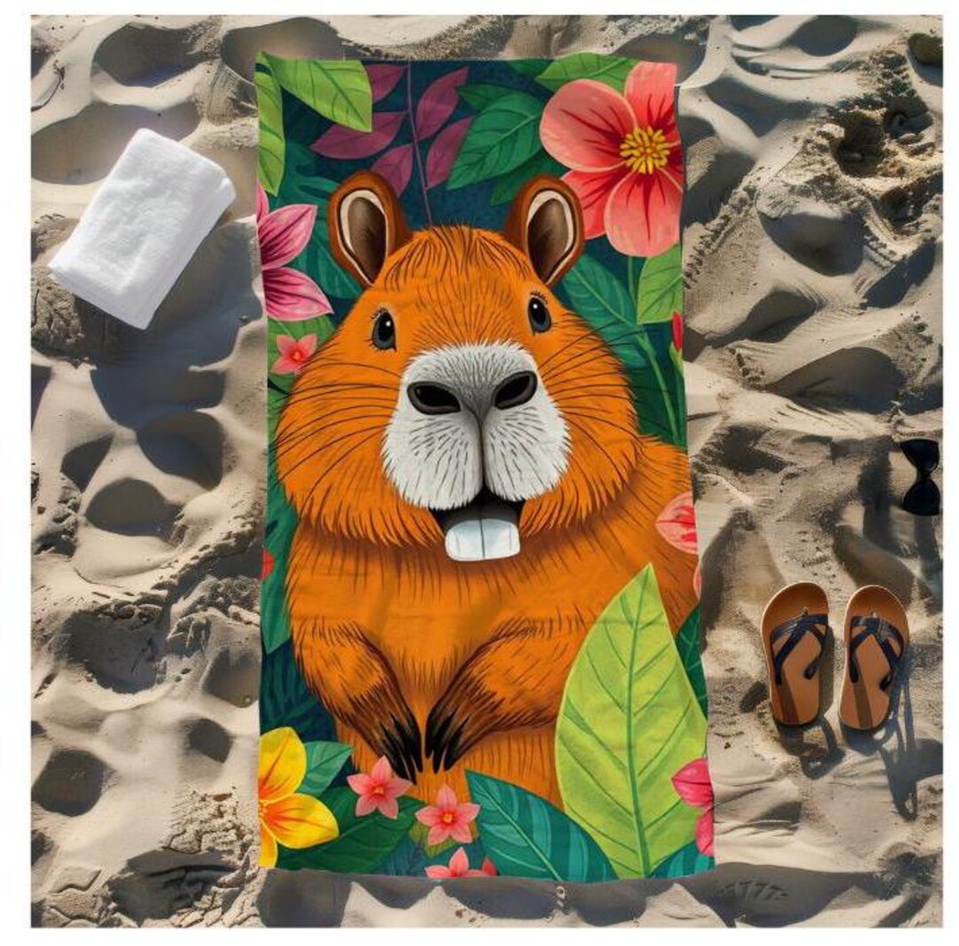 Vibrant Capybara Tropical Beach Towel, Fun Animal Design Summer Fun ...
