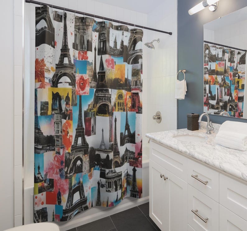 Parisian Collage Eiffel Tower Dream Shower Curtain, Decor Vintage Paris ...