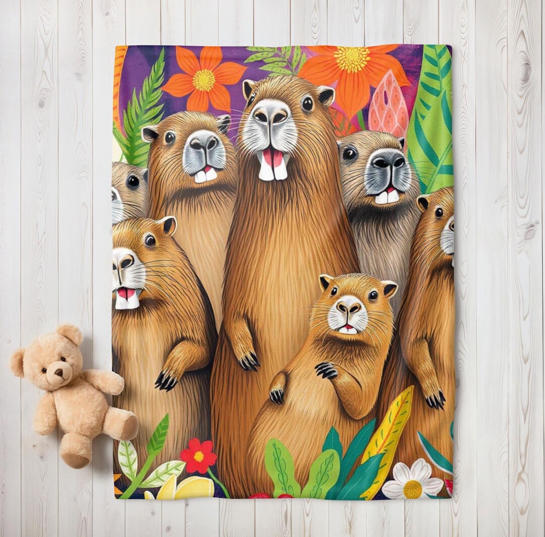 Colorful Capybara Family Plush Blanket, Cozy Throw Animal Love, Floral ...