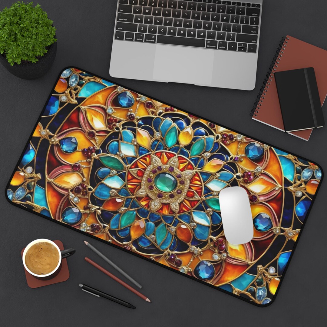 Jeweled Mandala Desk Mat, Stained Glass Gemstone Home Office, Vibrant ...