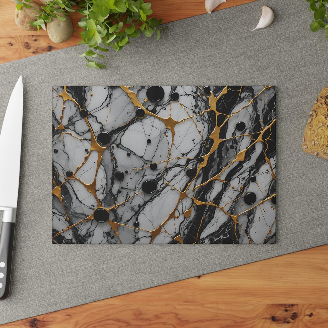 Elegant White Quartz With Black and Gold Glass Cutting Chopping Serving ...