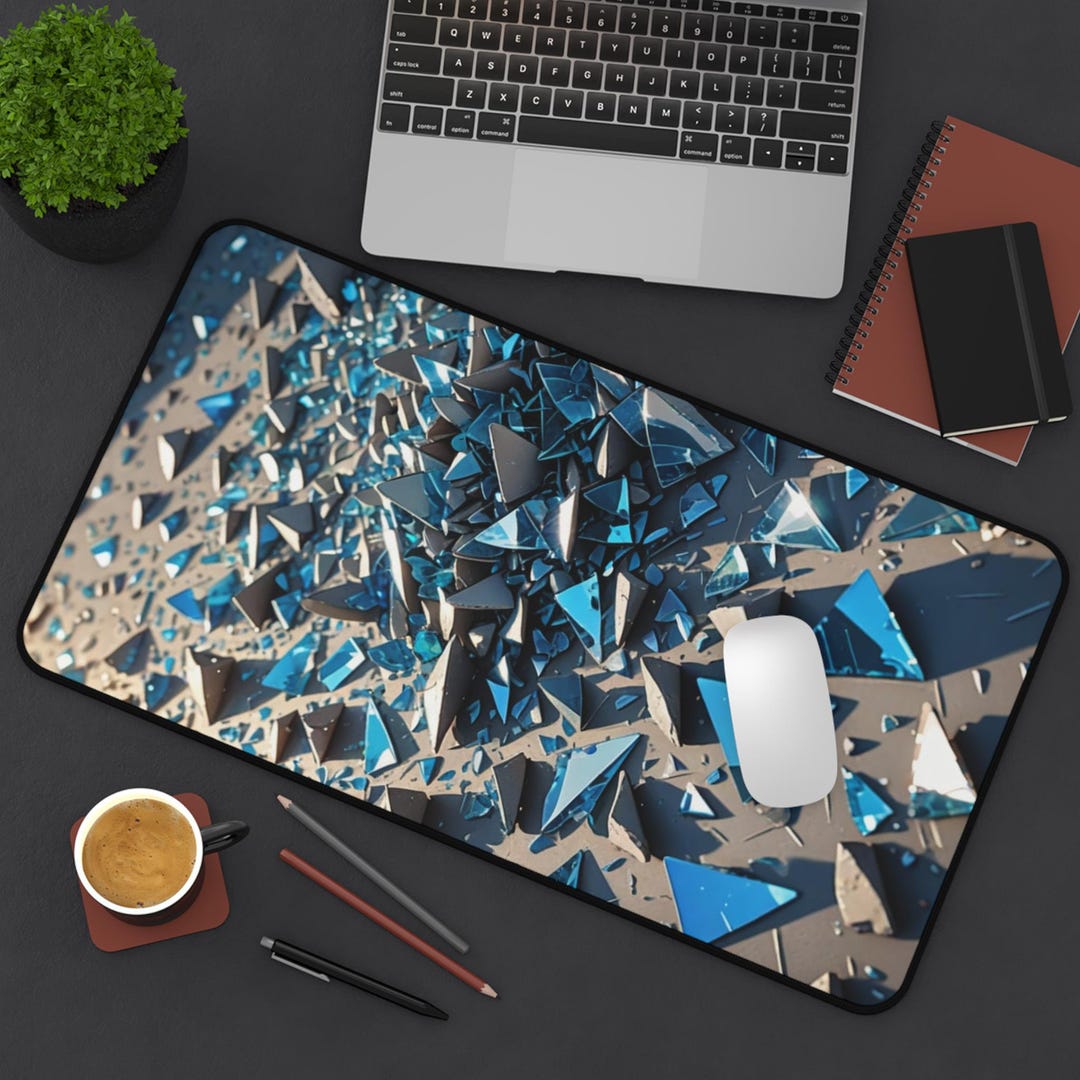 Blue Metallic Shattered Triangles Desk Mat, Geometric Abstract Glass ...