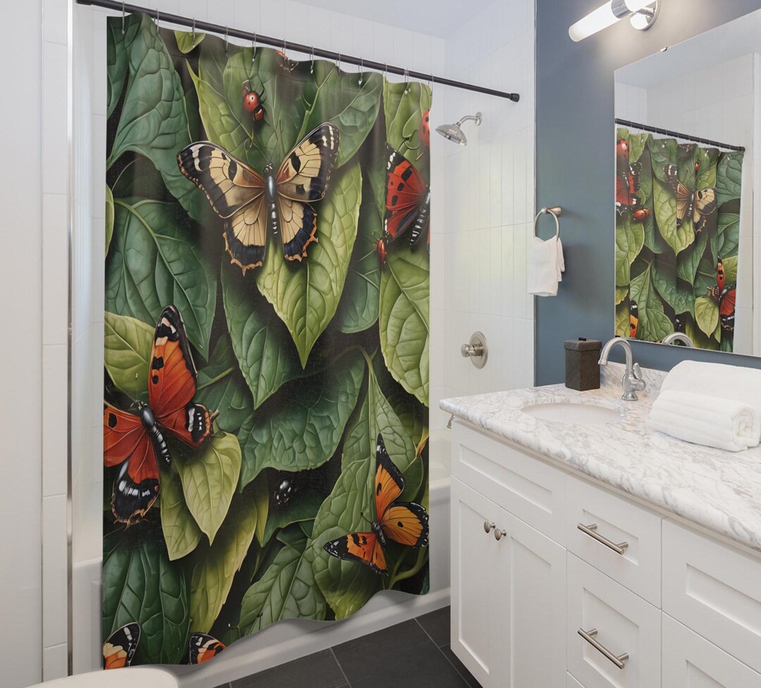 Botanical Butterfly Ladybug Shower Curtain, Nature-inspired Decor, Eco ...