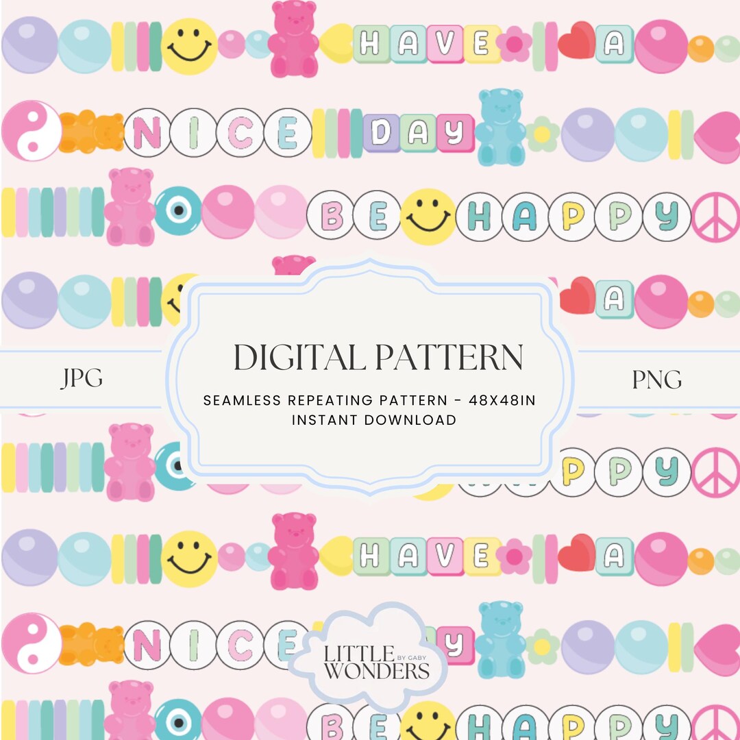 Pastel Friendship Bracelet Seamless Pattern: Gummy Bears, Smiley Faces ...