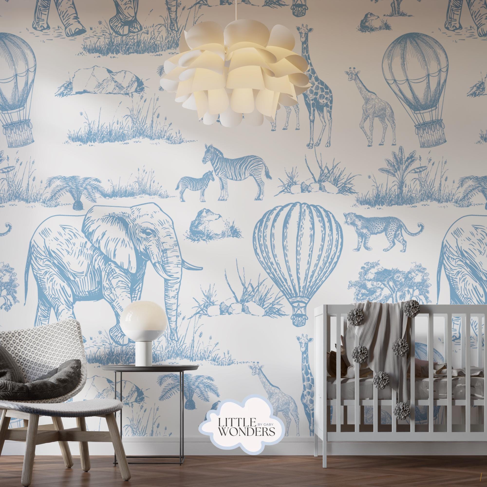 Blue Safari Toile Seamless, Chinoiserie Safari Animals Pattern, Hot Air ...