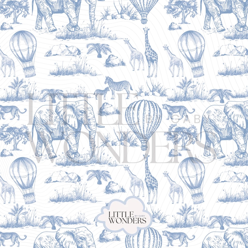 Blue Safari Toile Seamless, Chinoiserie Safari Animals Pattern, Hot Air ...