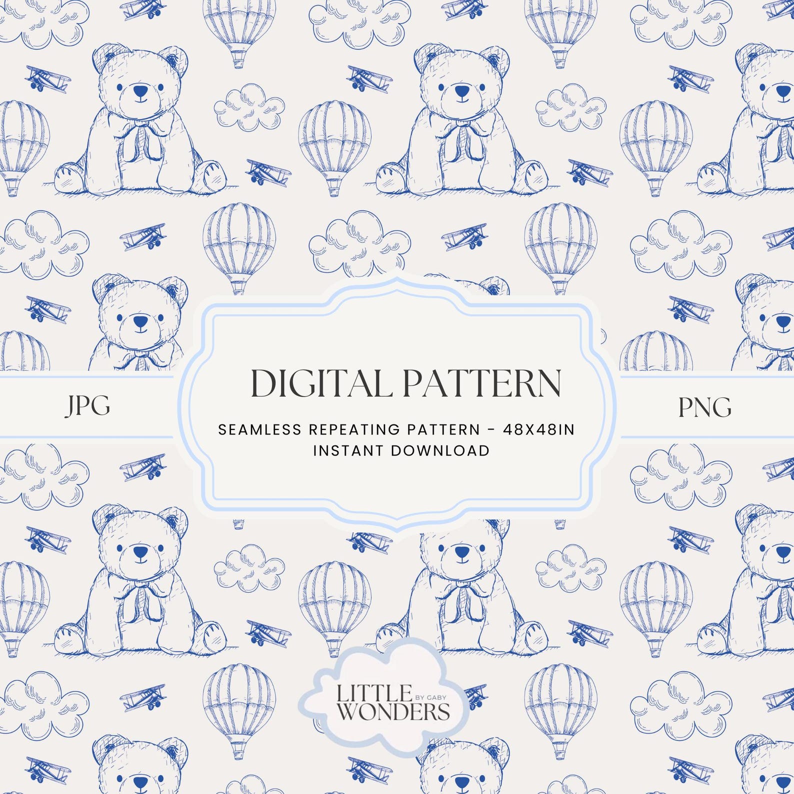 Vintage Blue Teddy Bear Seamless Pattern: Baby Boy Nursery (digital ...