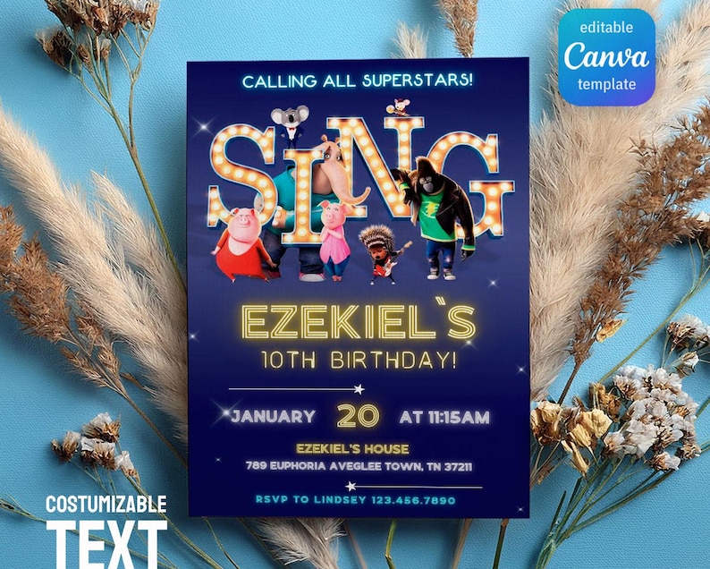 Editable Singer Invitation, Printable Sing 2 Birthday Invitation ...