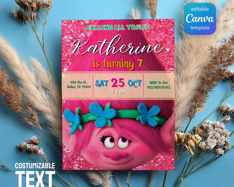 Editable Trolls Invite, Printable Birthday Invitation, Girl Birthday ...