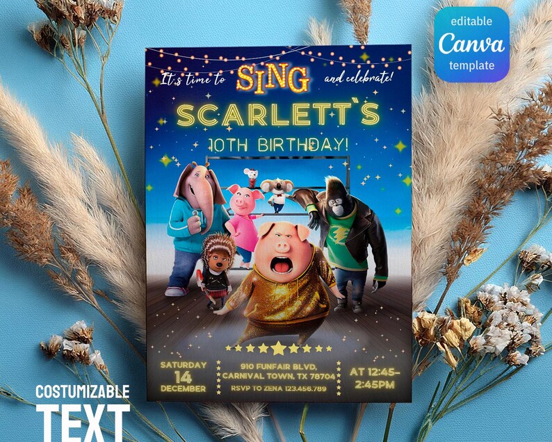 Editable Singer Invitation, Printable Sing 2 Birthday Invitation ...