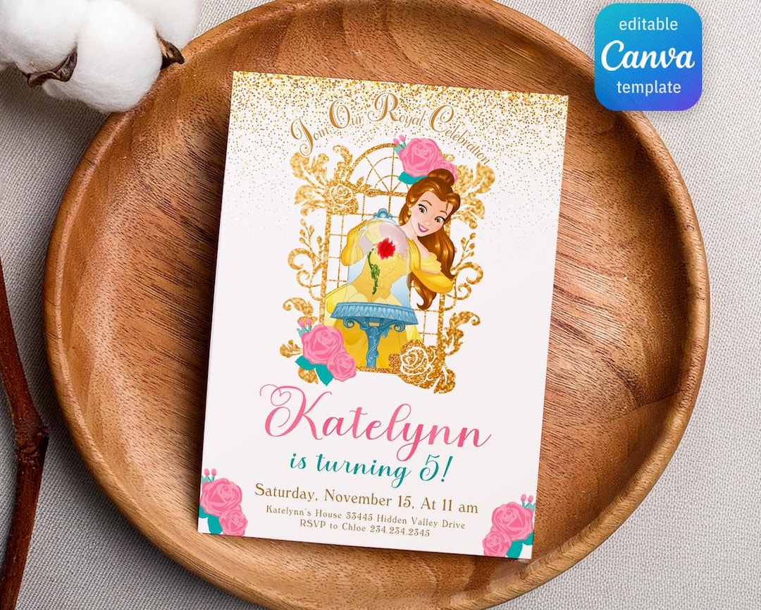 Princess Belle Birthday Invitation, Girl Editable Invite Template ...