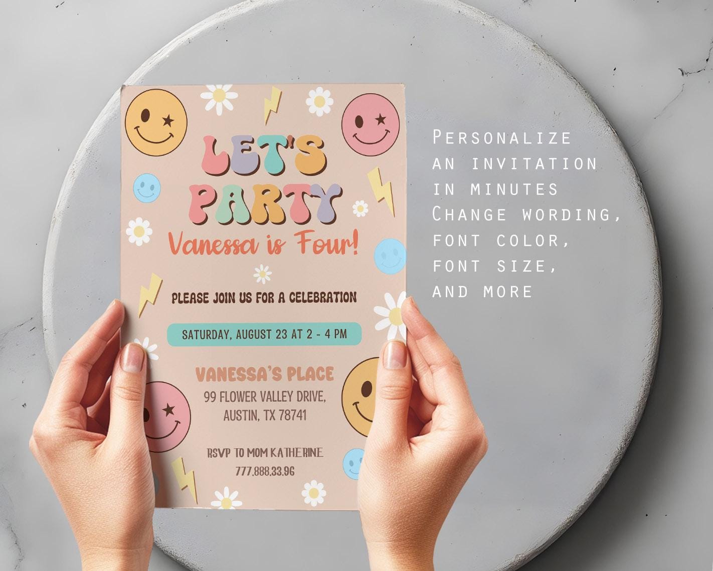 Printable Smiley Face Invite, Groovy Smiley Birthday Invitation, Retro ...