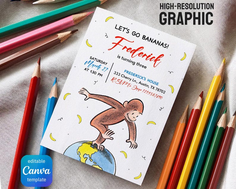 Curious George Birthday Invitation, Printable Monkey Invite, Ape Invite ...