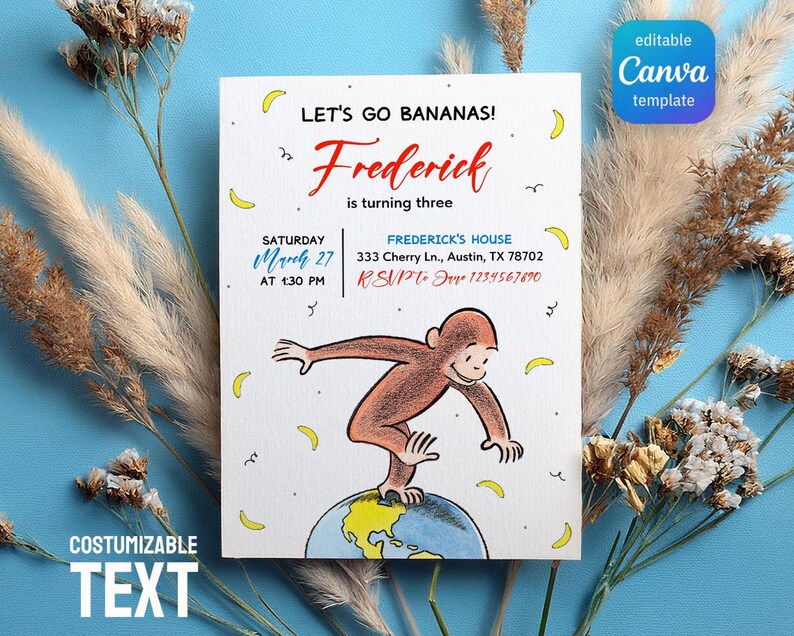 Curious George Birthday Invitation, Printable Monkey Invite, Ape Invite ...