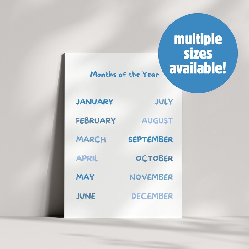 Blue Months of the Year Print | Digital Poster for Kids | Educational ...