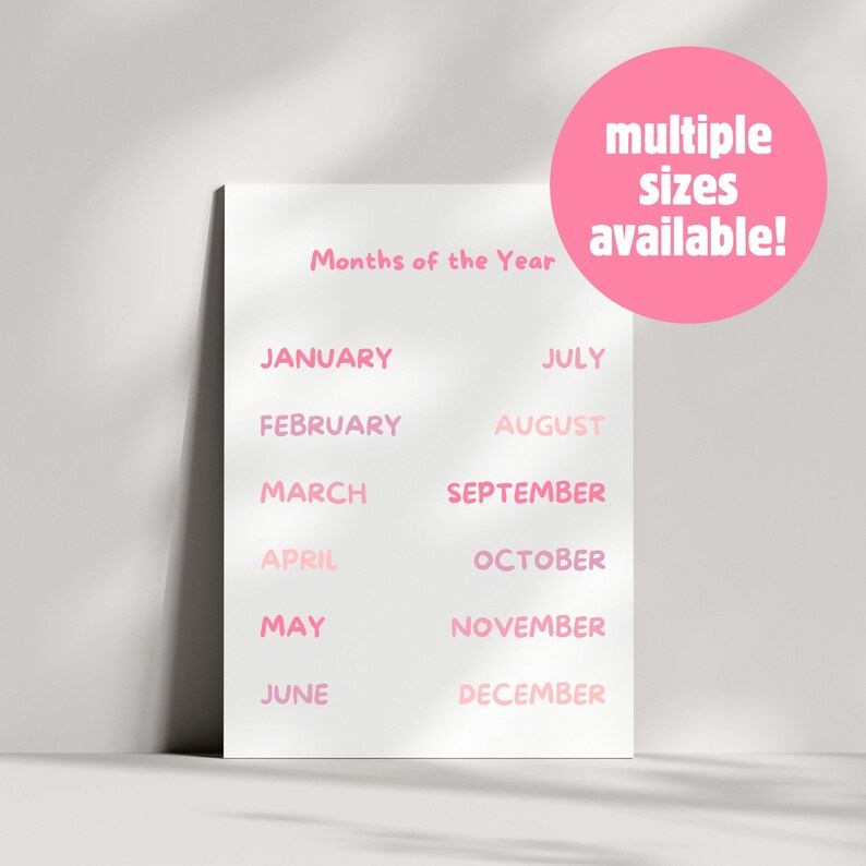 Pink Months of the Year Print | Digital Poster for Kids | Educational ...