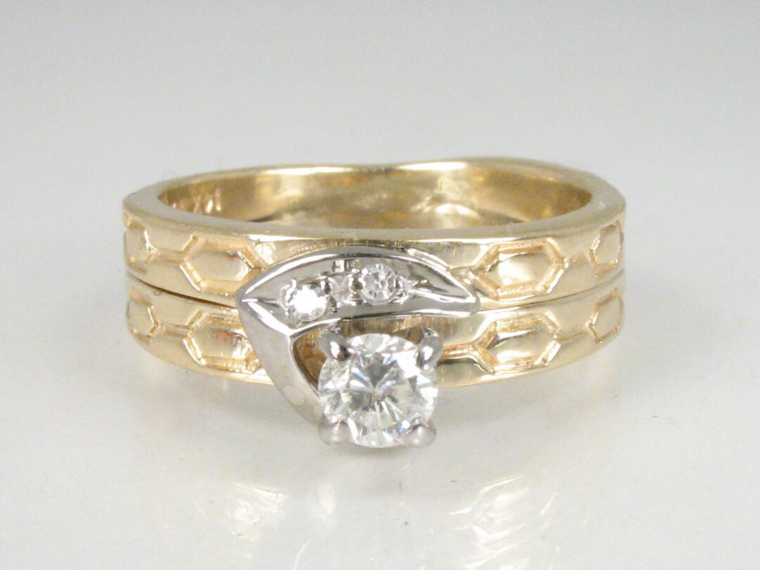 Vintage Diamond Bridal Wedding Ring Set Two Tone 14K Gold - Welded Set ...