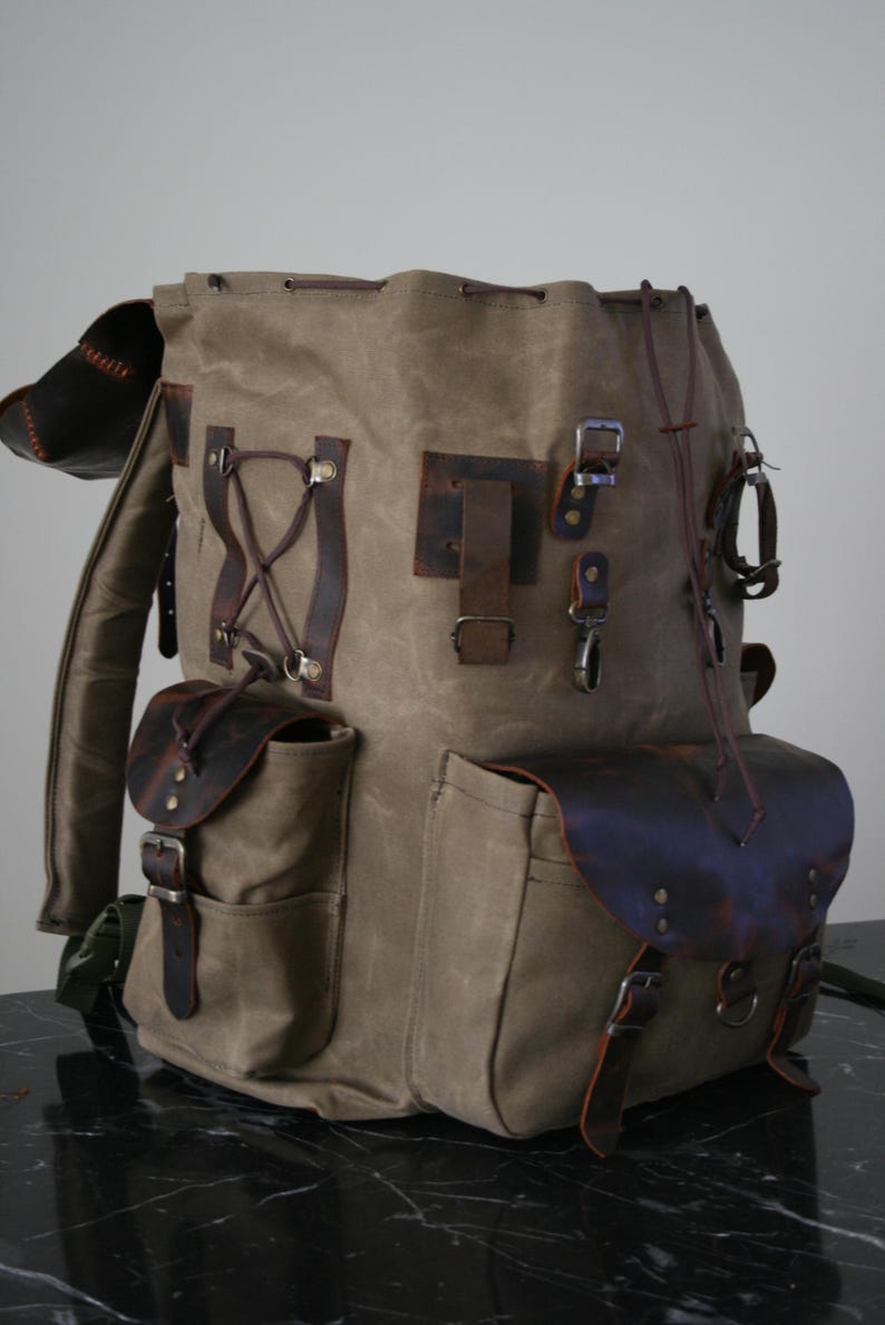 Bushcraft Military-style Camper Canvas Backpack With Leather Straps for ...