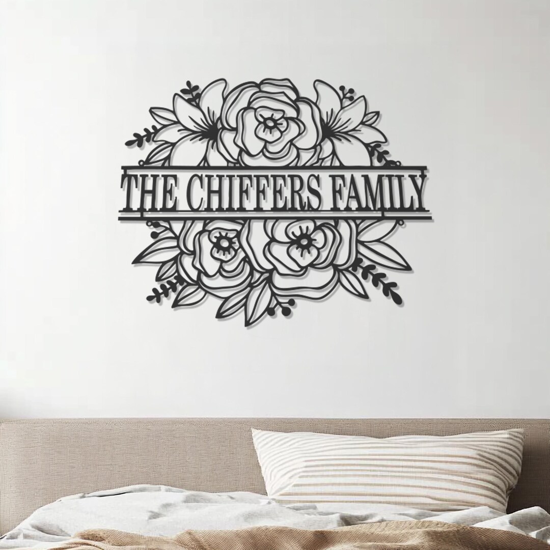 Custom Floral Family Name Metal Wall Art: Personalized Last Name Sign ...