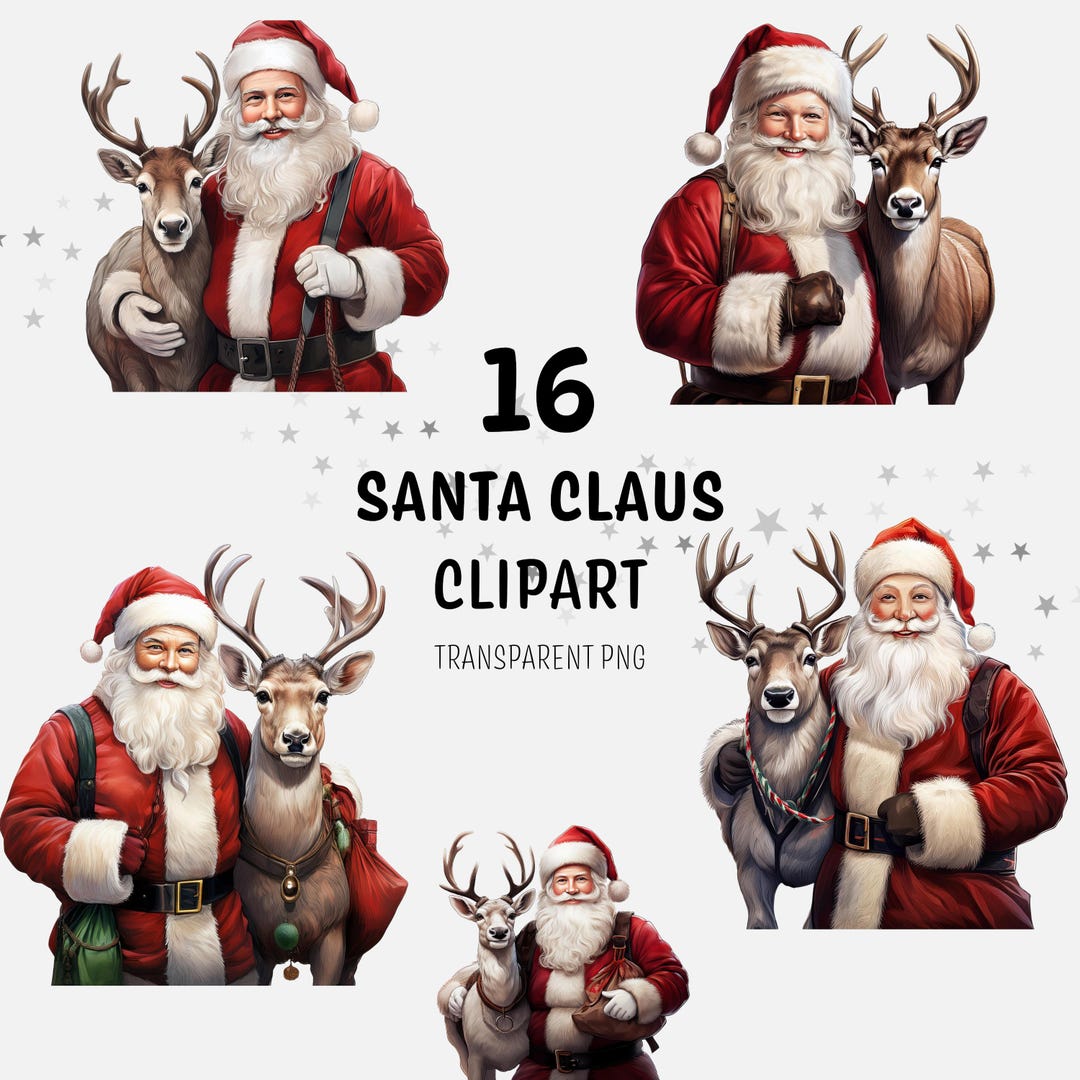 16 Santa Claus Clipart Set, Reindeer With Santa Claus Clipart, PNG ...