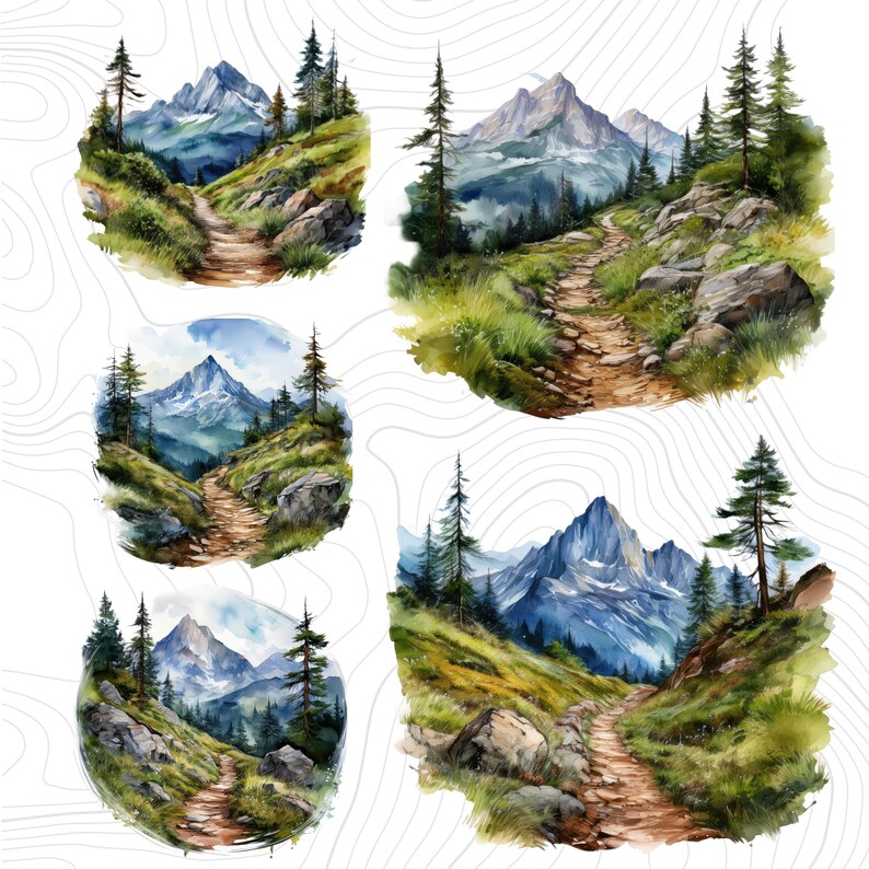 10 Watercolor Hiking Trails Clipart Set, Mountain Landscape Clipart ...