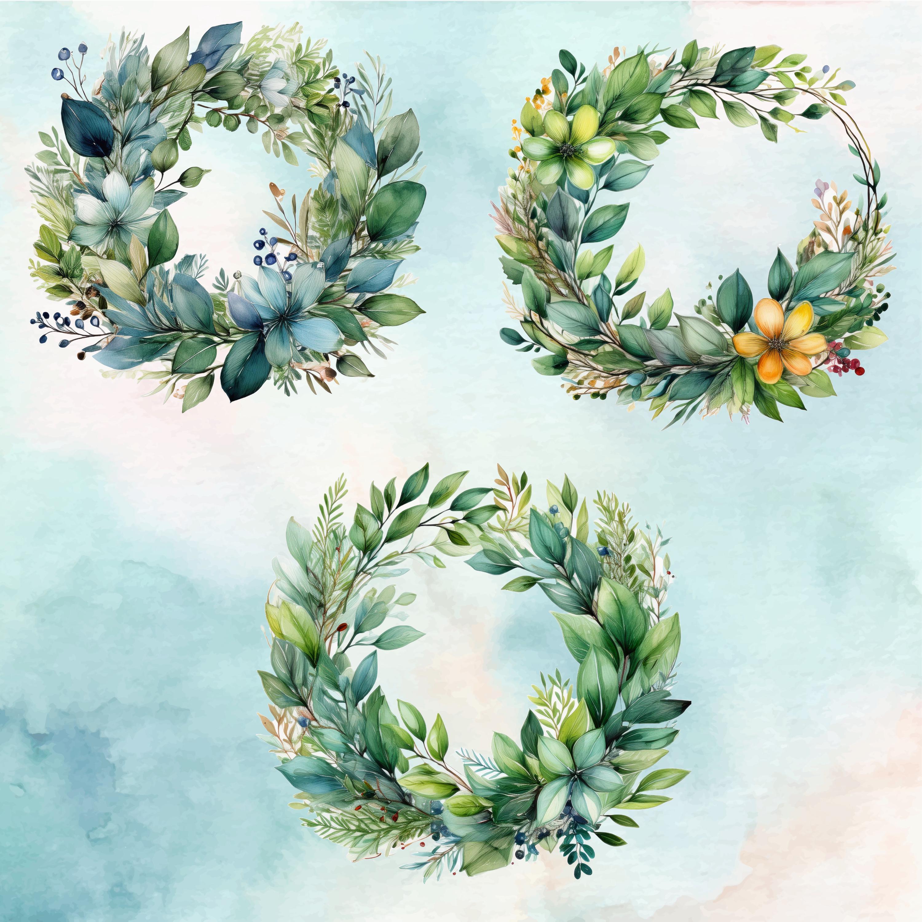 9 Aquarell Laub-Kranz-Clipart-Set, Grün-Kranz, Hochzeit Clipart, PNG ...