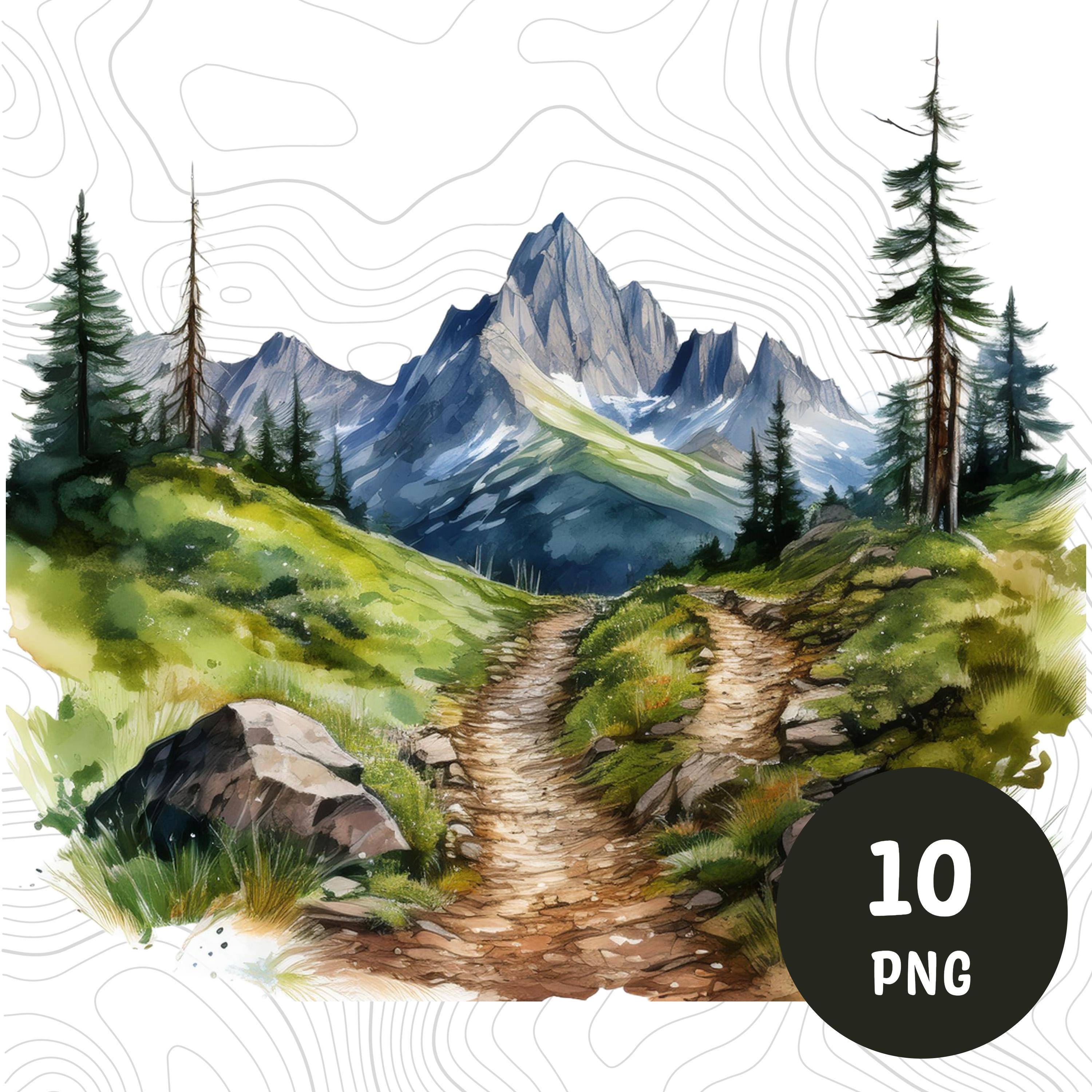 10 Watercolor Hiking Trails Clipart Set, Mountain Landscape Clipart ...
