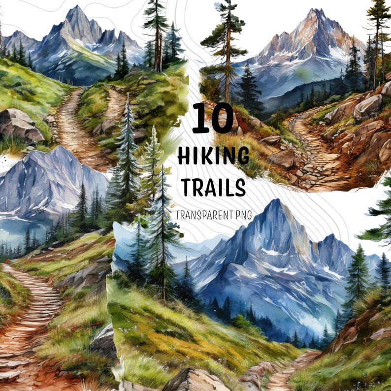 10 Watercolor Hiking Trails Clipart Set, Mountain Landscape Clipart ...