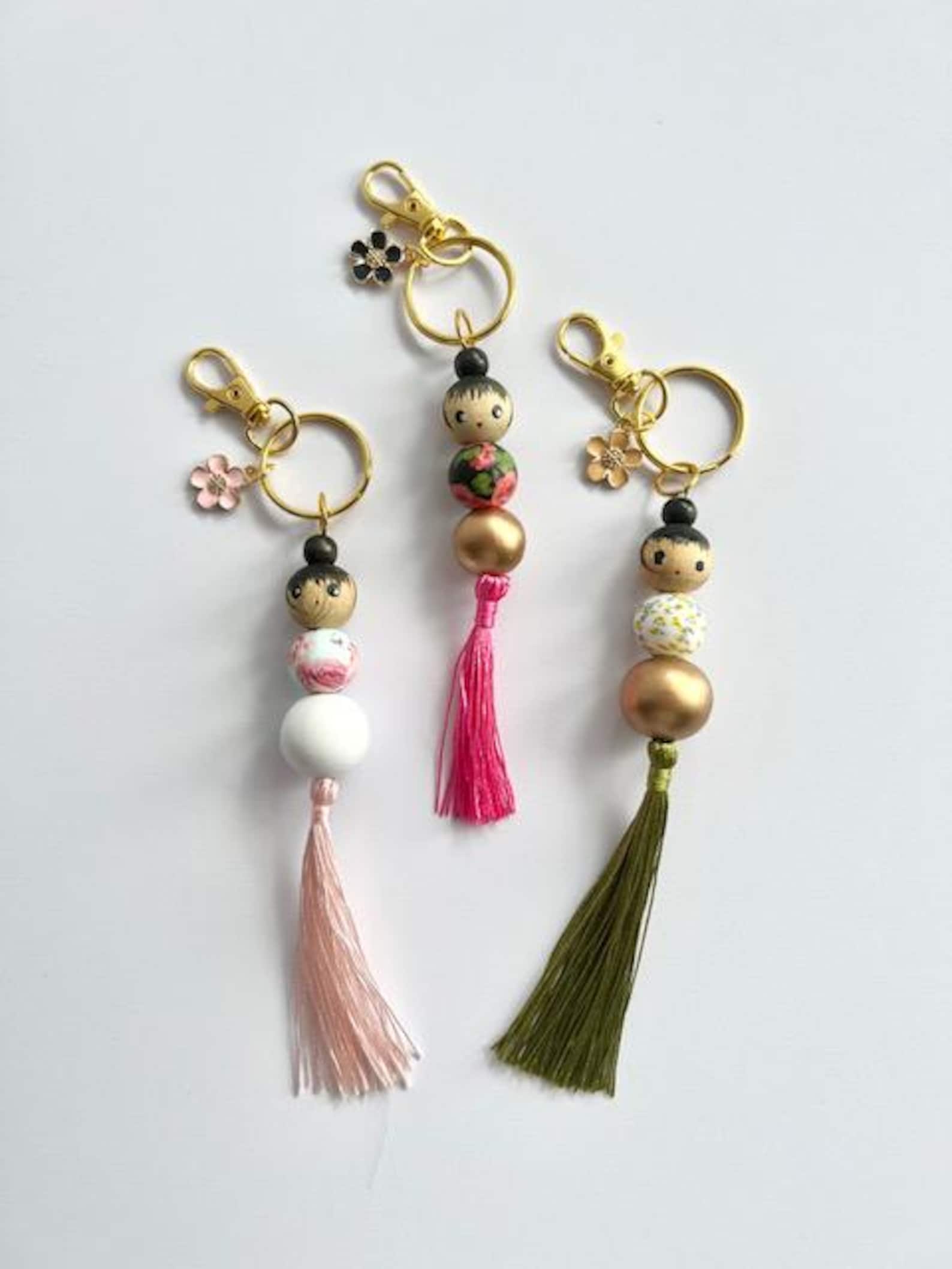 HANA - Handmade Mini Kokeshi Doll Bag Charm Key Chain GOLD Made W ...