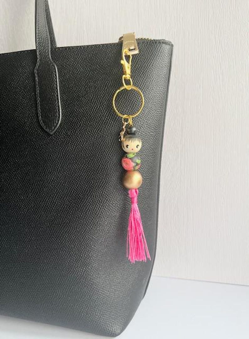 HANA - Handmade Mini Kokeshi Doll Bag Charm Key Chain GOLD Made W ...