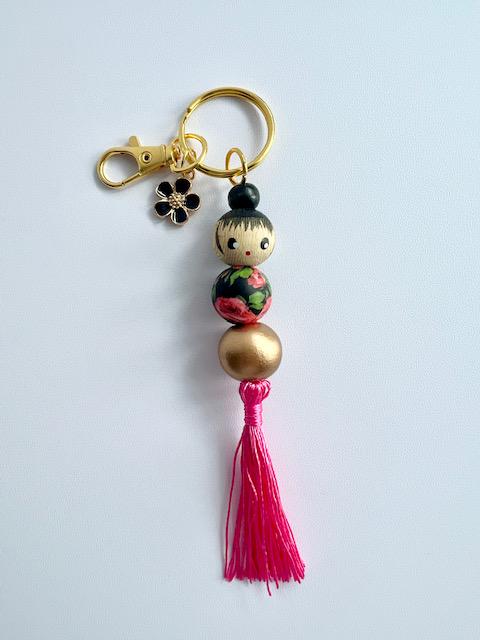 HANA - Handmade Mini Kokeshi Doll Bag Charm Key Chain GOLD Made W ...