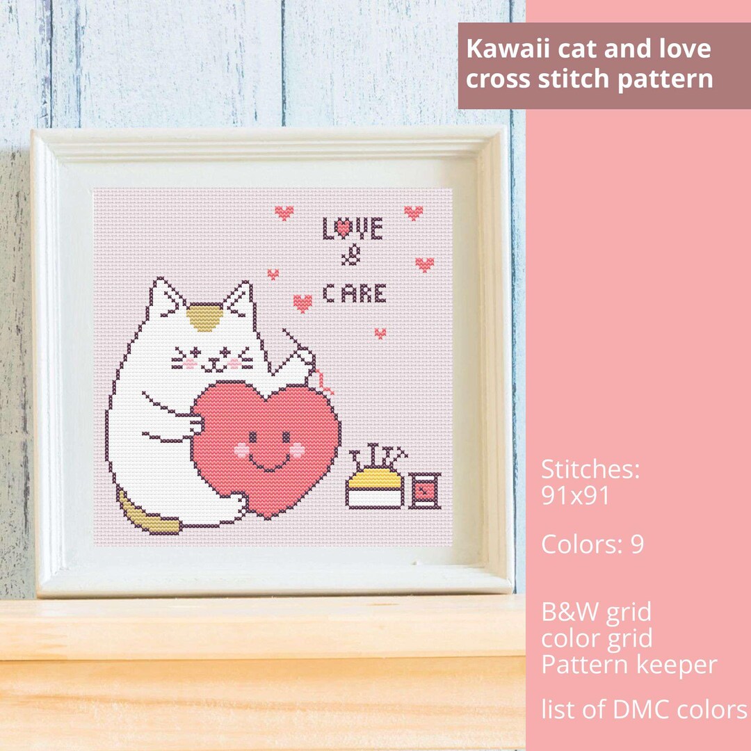 Kawaii Cat & Heart Cross Stitch Pattern: Beginner Needlecraft (PDF) - Etsy