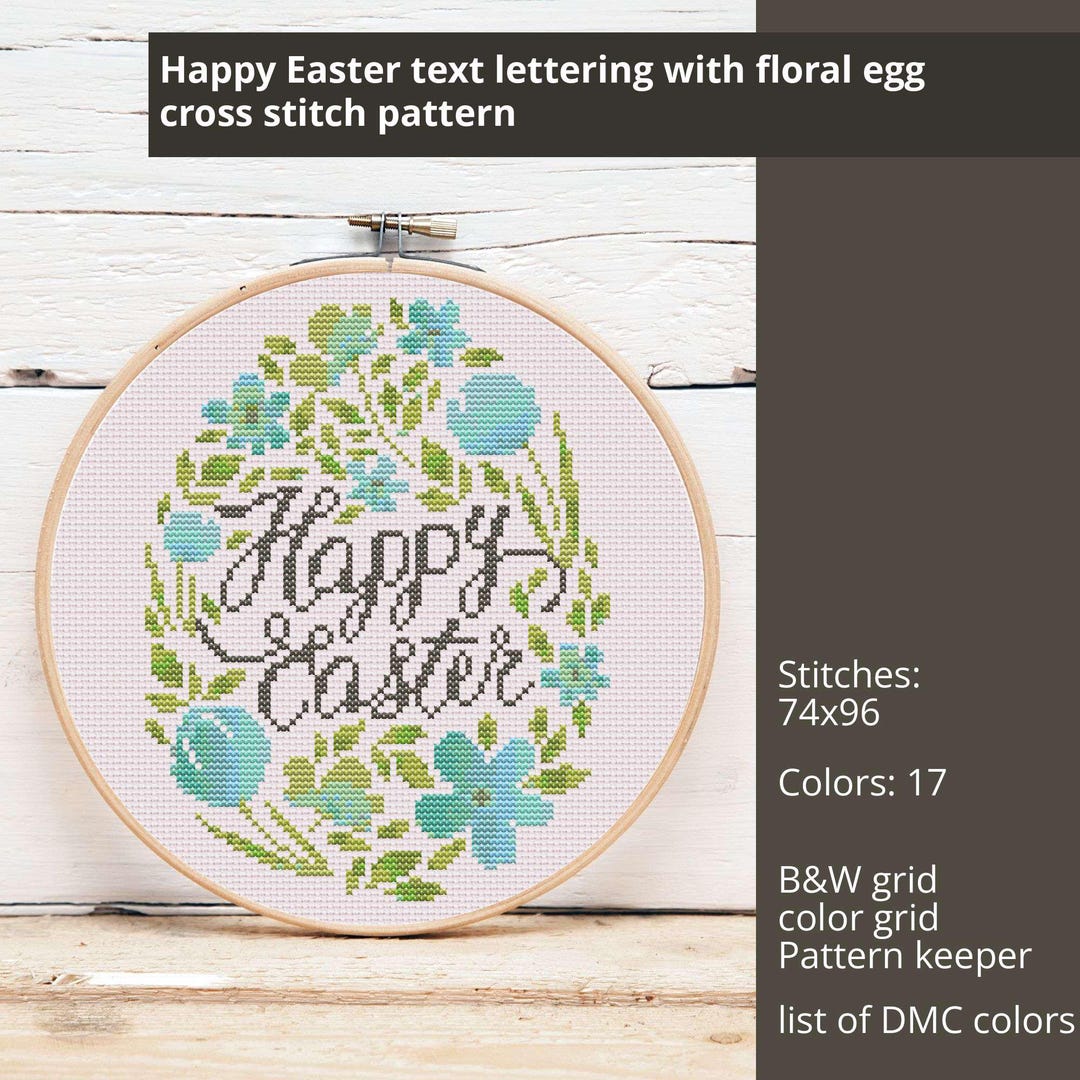 Happy Easter Floral Egg Cross Stitch Pattern - Instant PDF - Text ...