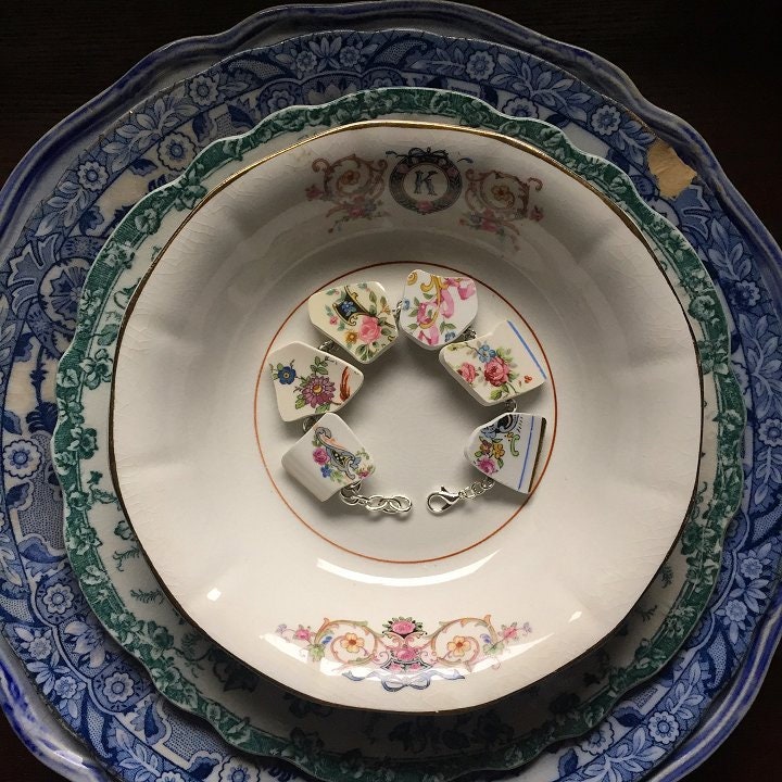 Rose China, Broken China Jewelry, Broken China Bracelet, Made From ...
