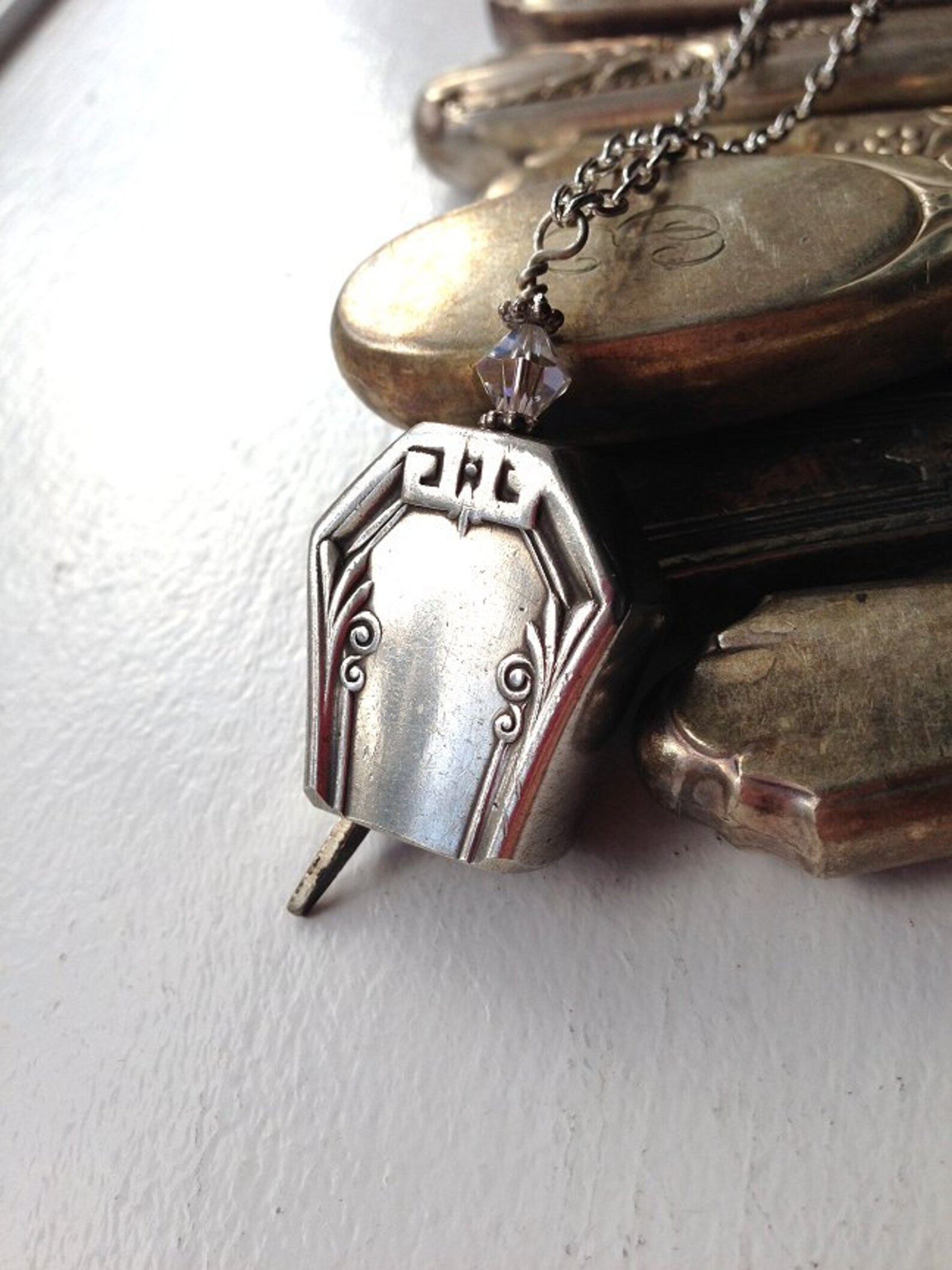 Antique Butter Knife Bell Pendant Necklace Iridescent Crystal - Etsy